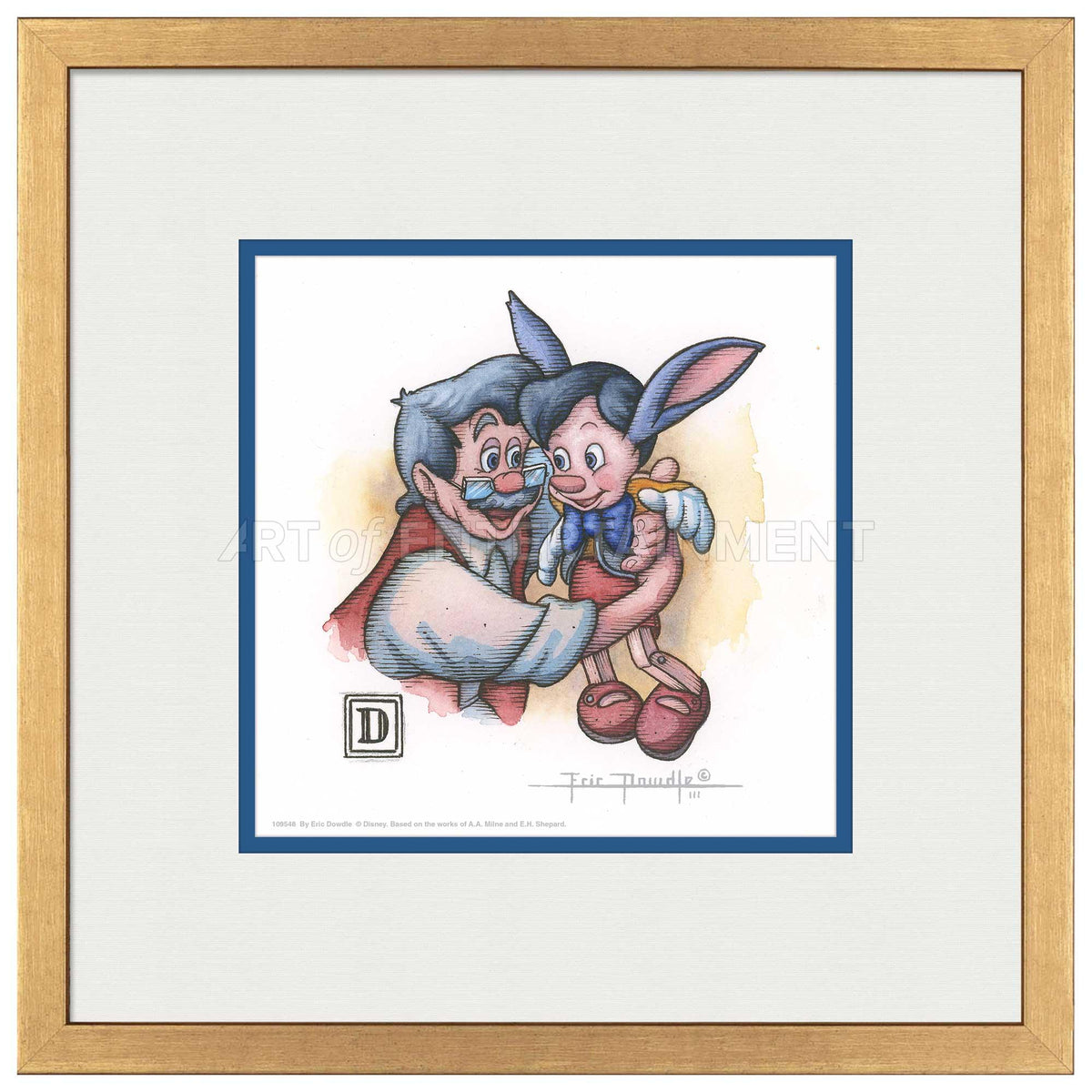Pinocchio and Geppetto Hug - 15" x 15" Framed Paper Print...